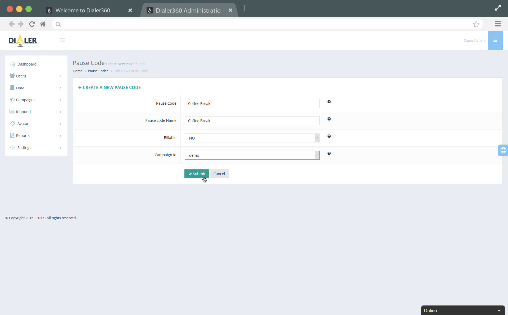 How to create pause code? - Dialer360