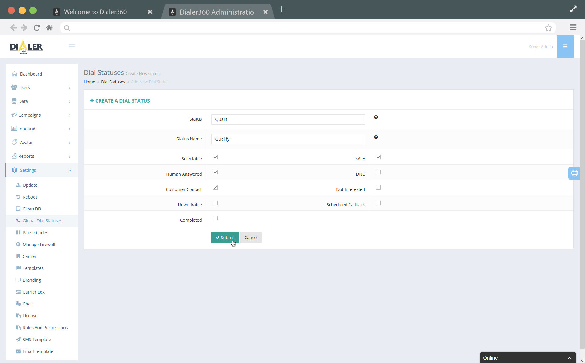 How to create and add a dial status of campaign? - Dialer360